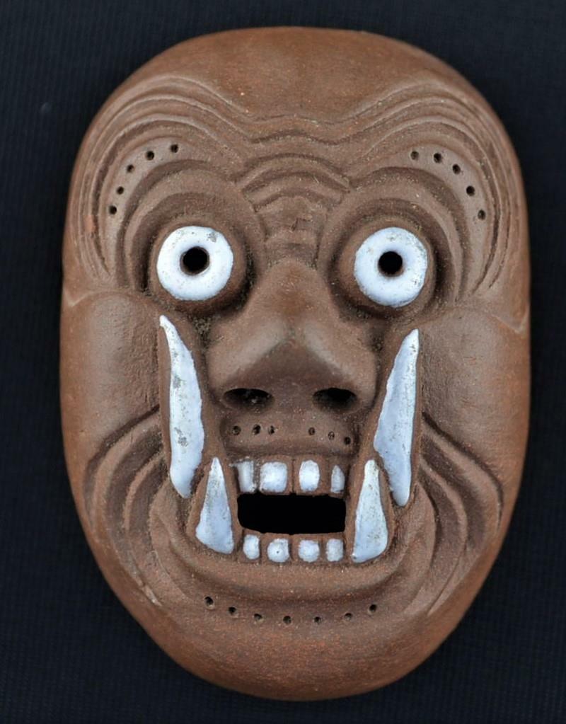 ANTIQUE JAPANESE NETSUKE CLAY POTTERY MASK - ONKO-YAKI WARE MASK ...