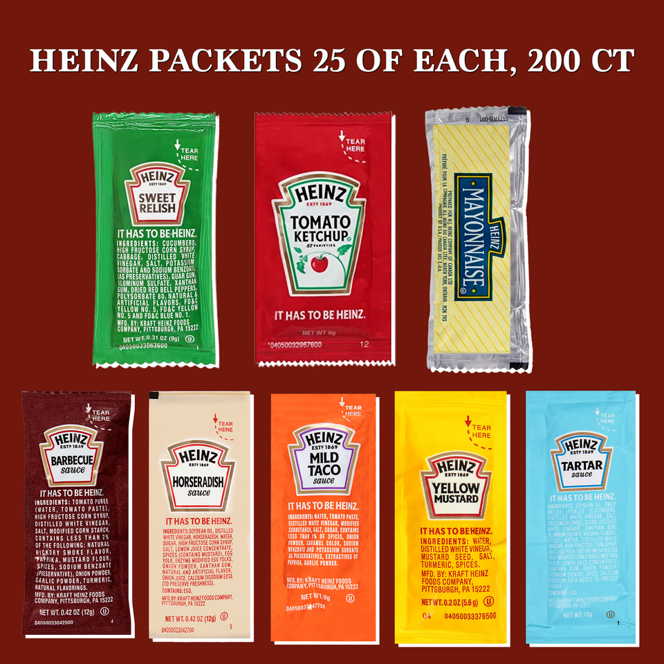 Heinz Condiment Packets Variety 200 Pack- 25 Ketchup Packets, 25 ...