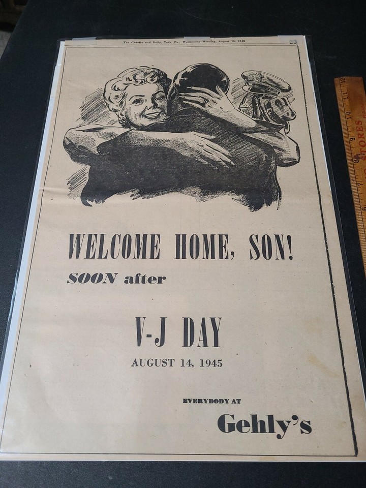 Vntg 1945 York Pa Gehlys Dept Store V-J Day Newspaper Full Page ...