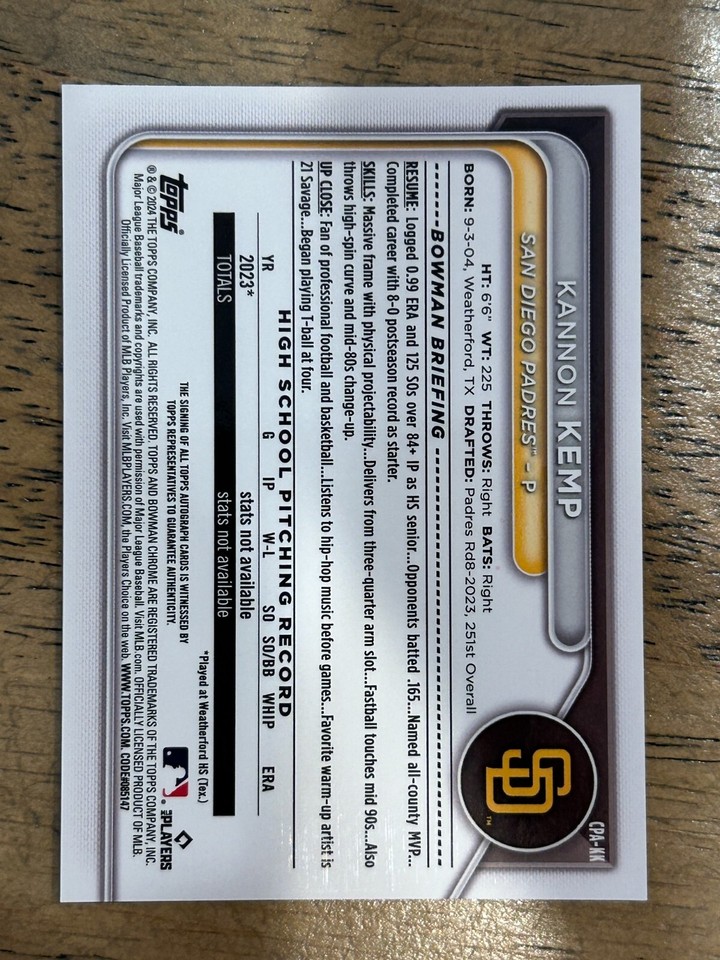 Kannon Kemp 2024 Bowman Chrome Prospects BLUE REFRACTOR 1st RC AUTO ...