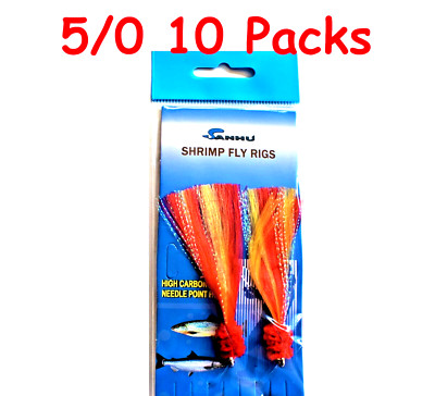10 Packs 5/0 Shrimp Fly Rigs Red/Yellow Rockfish Bait Saltwater Fishing ...