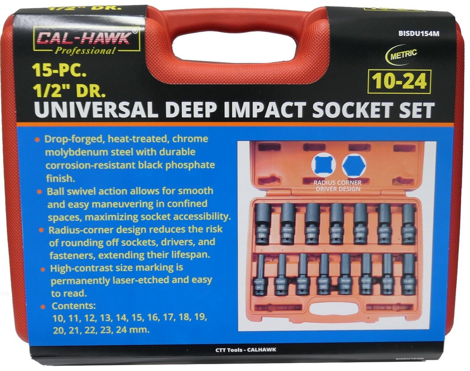 15pc 1/2" Dr. Universal Swivel Deep Impact Socket METRIC PRO Radius 10 ...