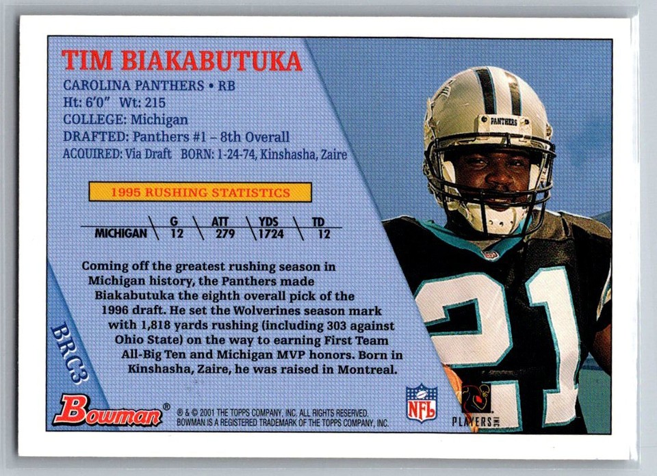 2001 Bowman RC #BRC3 Tim Biakabutuka Carolina Panthers | eBay