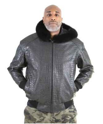 Men genuine Lambskin Alligator crocodile Pattern leather Fur Hood ...