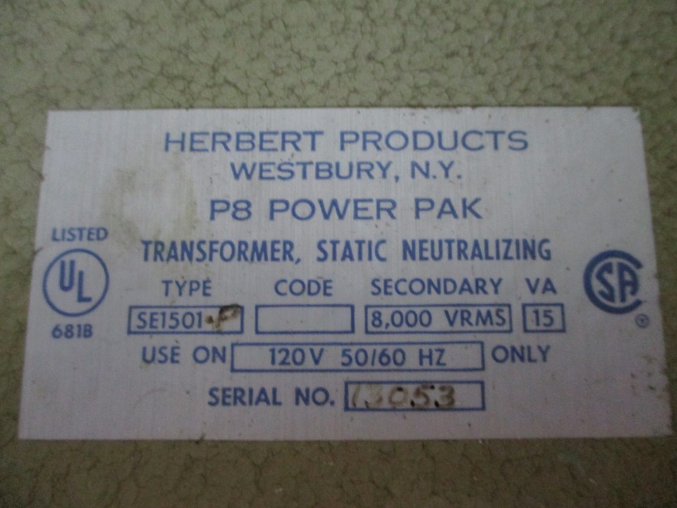 Herbert Products SE1501 P8 Power Pak Static Neutralizing Transformer ...