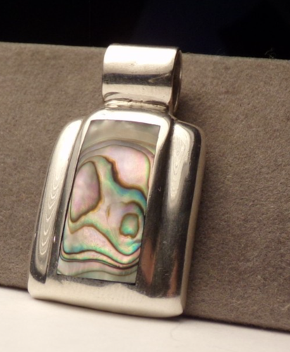 VTG LARGE STERLING SILVER LUSTROUS ABALONE SHELL INLAY NECKLACE PENDANT ...