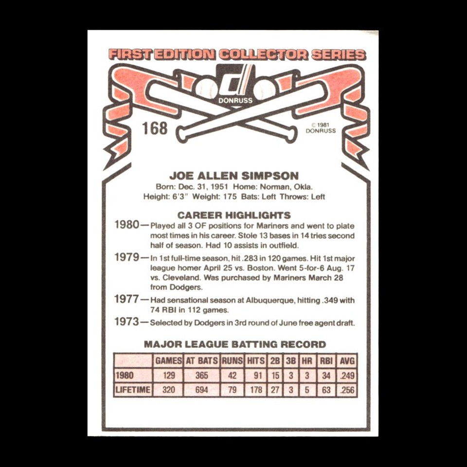 Joe Simpson 1981 Donruss Seattle Mariners #168 NM+ Vintage! | eBay