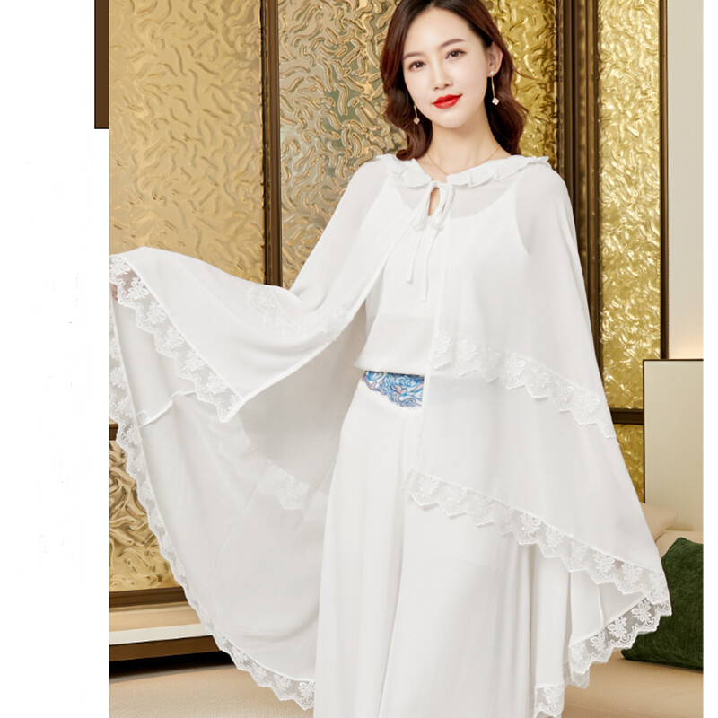 Women Chiffon Cloak Hooded Cape Shawl Wedding Bridal Sheer Ruffle Midi ...