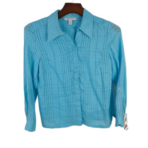 NEW JM Collection Womens Linen LS Button Up Light Blue Blouse Shirt ...