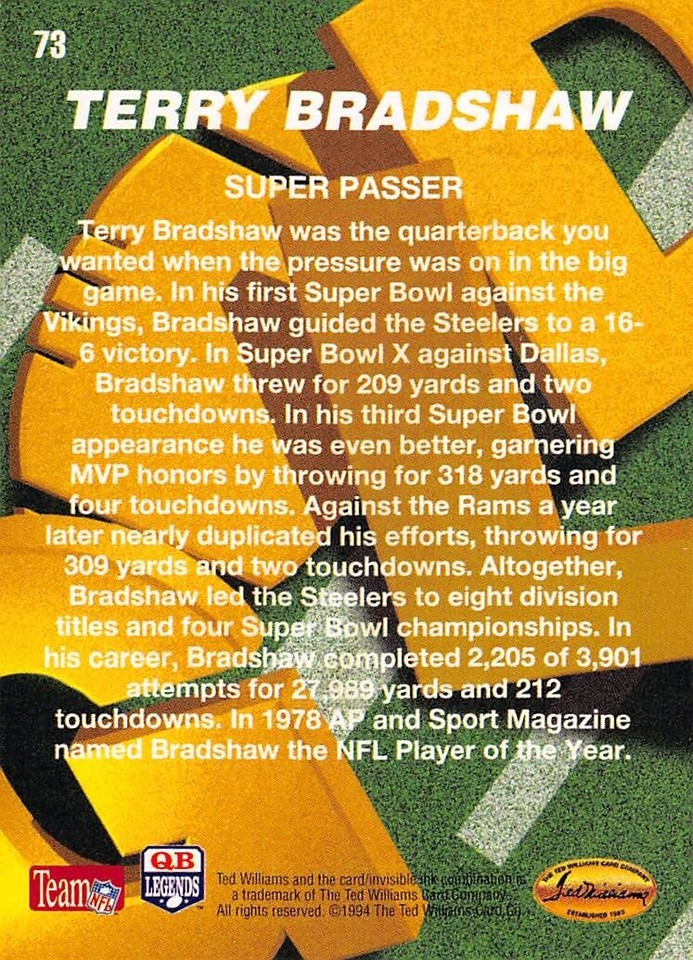 1994 Ted Williams Co. Terry Bradshaw #73 NM/MT PITTSBURGH STEELERS | eBay