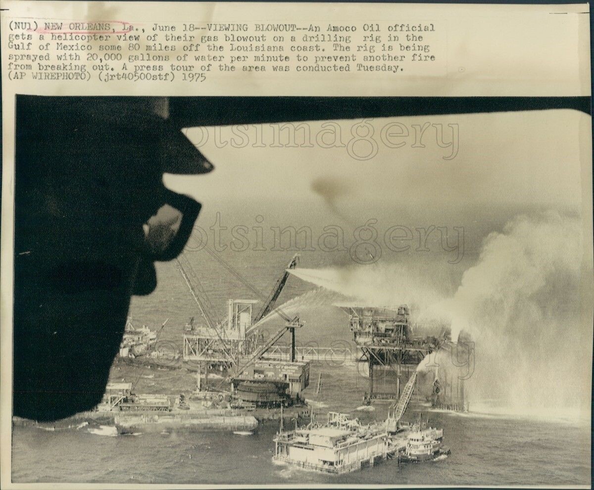 1975 Man Viewing Amoco Oil Drilling Rig Fire Gulf of Mexico Press Photo ...