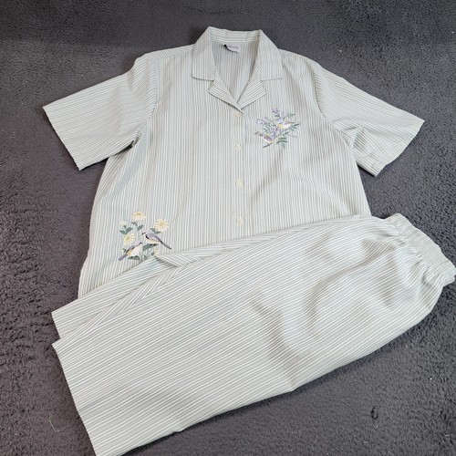 BonWorth Outfit Set Womens M Petite Green Stripe Embroidered Birds Top ...