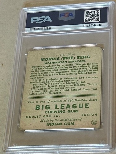 1933 GOUDEY #158 MORRIS (MOE) BERG PSA GOOD 2 WASHINGTON SENATORS ...