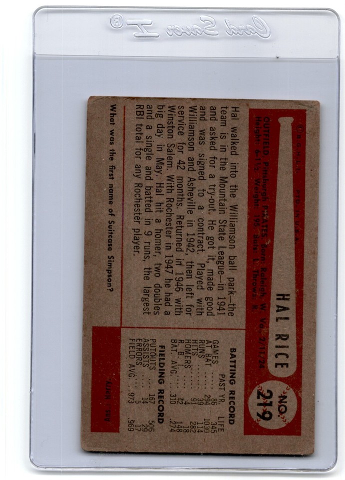 1954 Bowman Hal Rice Pittsburgh Pirates #219 | eBay