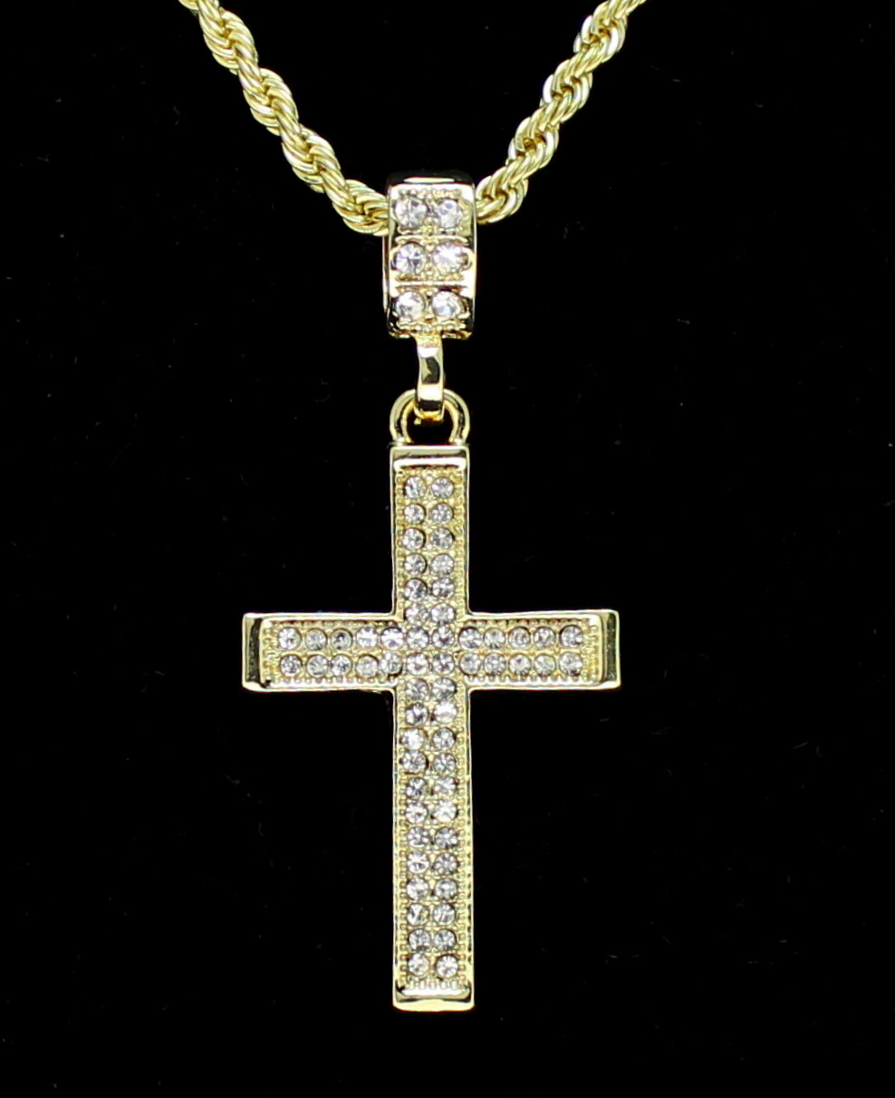 Iced Cross CZ Pendant Hip Hop Fashion 14k Gold Plated w/ 24" Rope Chain ...