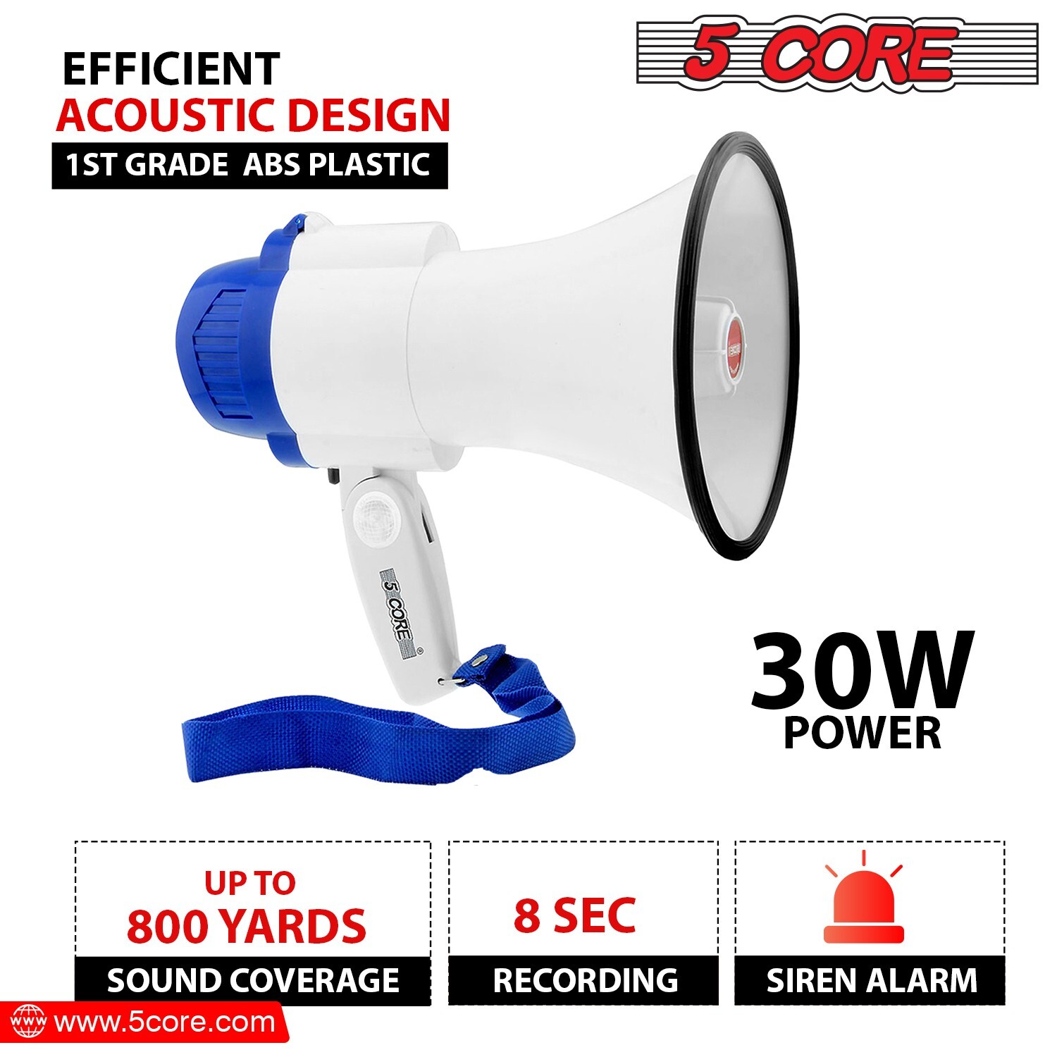 5Core 30W Megaphone Bullhorn Voice Recording Siren Blow Horn HandHeld ...