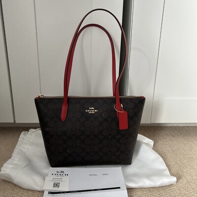 Coach Fiona Zip Tote Bag Signature Canvass Walnut/Black/Red Style No ...