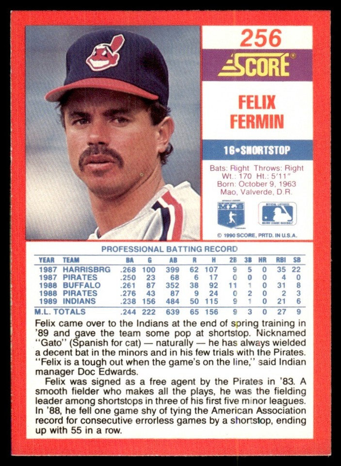 1990 Score #256 Felix Fermin Cleveland Indians | eBay