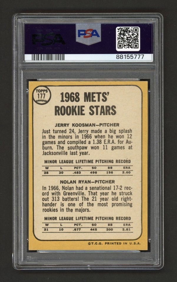 1968 TOPPS #177 METS ROOKIES JERRY KOOSMAN/NOLAN RYAN ROOKIE CARD PSA 7 ...