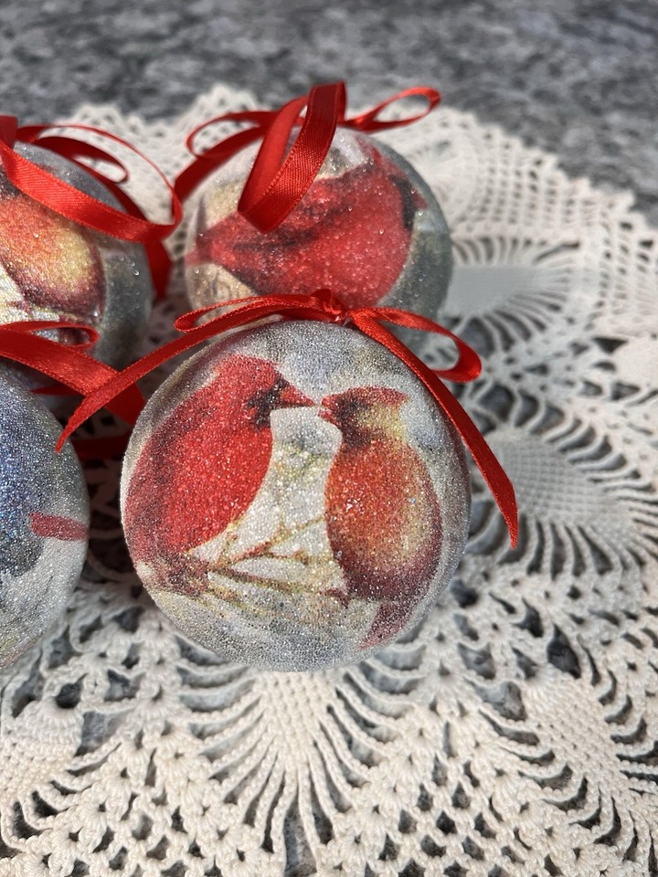 Vintage Set Of 4 Red Cardinal Christmas Sugar Coated Ornaments Retro ...