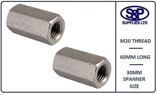 M20 STAINLESS STEEL DEEP NUT 60MM LONG STUDDING CONNECTOR THREAD ...