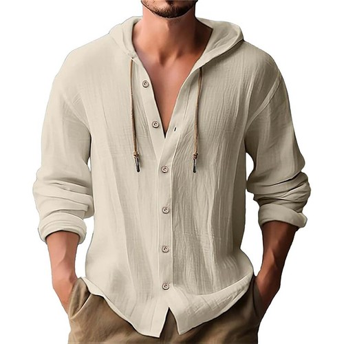 Men's Solid Color Casual Long Sleeve Shirt Hood Drawstring Cotton Linen ...