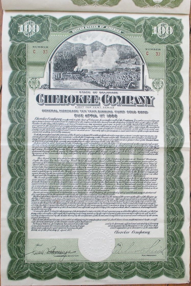 Cherokee Company Lumber 1923 Vertical Bond Certificate, Green ...