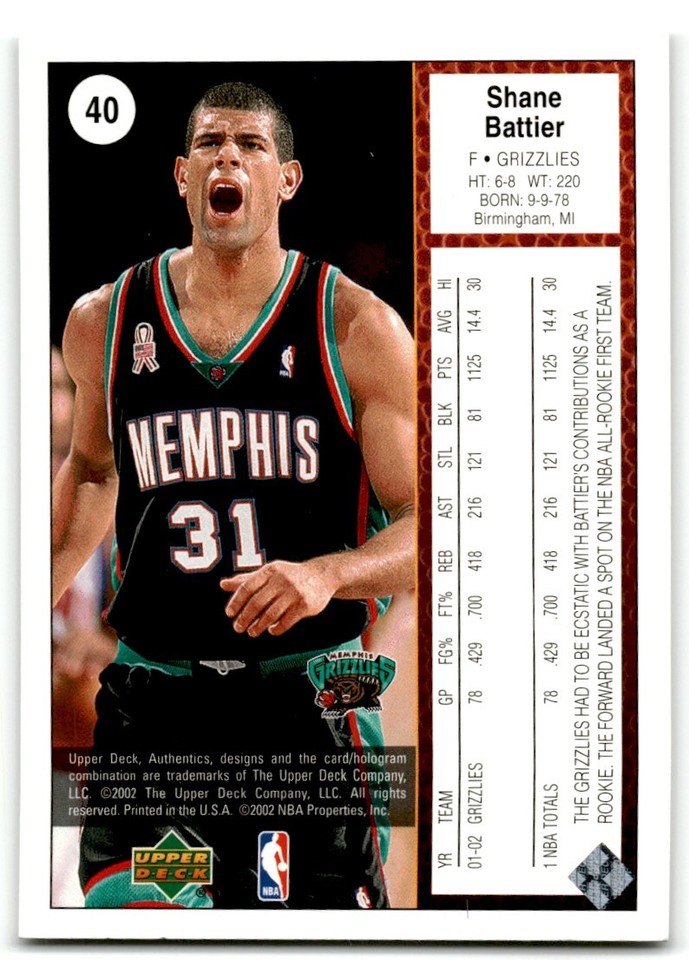 2002-03 Upper Deck Shane Battier Memphis Grizzlies #40 | eBay