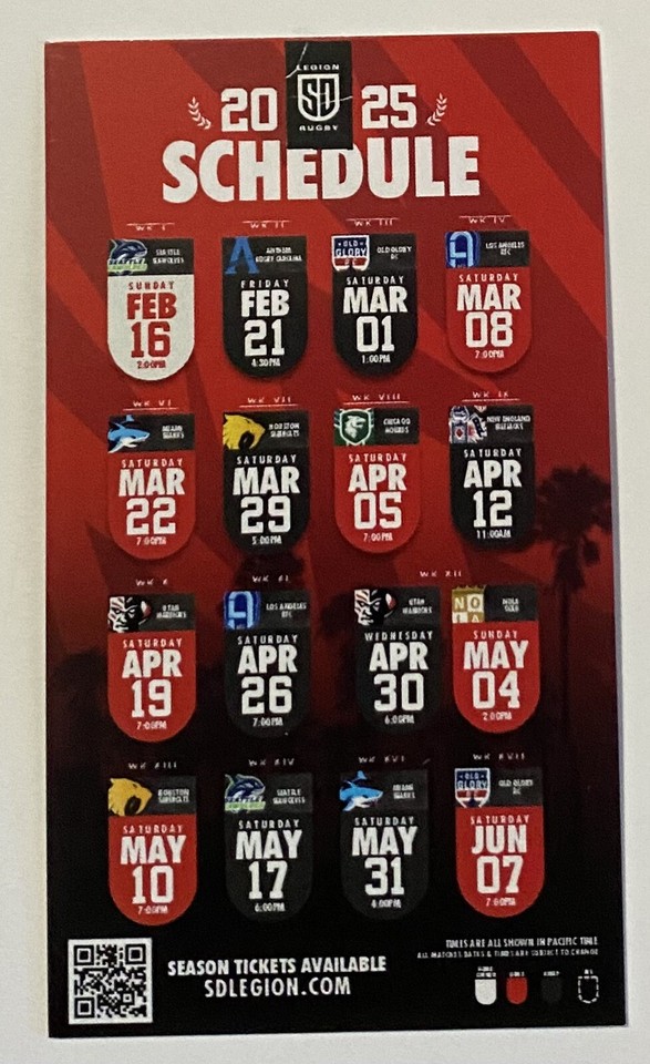 2025 SAN DIEGO LEGION Schedule 🏉Rugby Sked NEW ‼️ Not 2024 | eBay