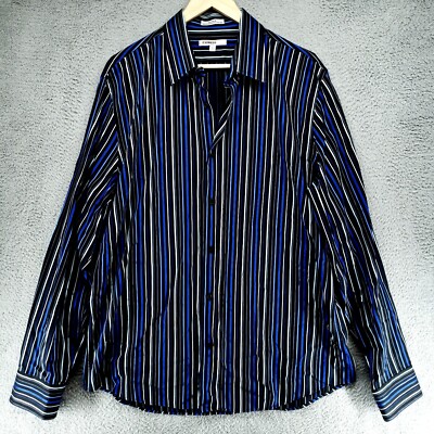 Express Mens XL 17-17.5 Shirt Blue Black Fitted IMX Stretch Stripe ...