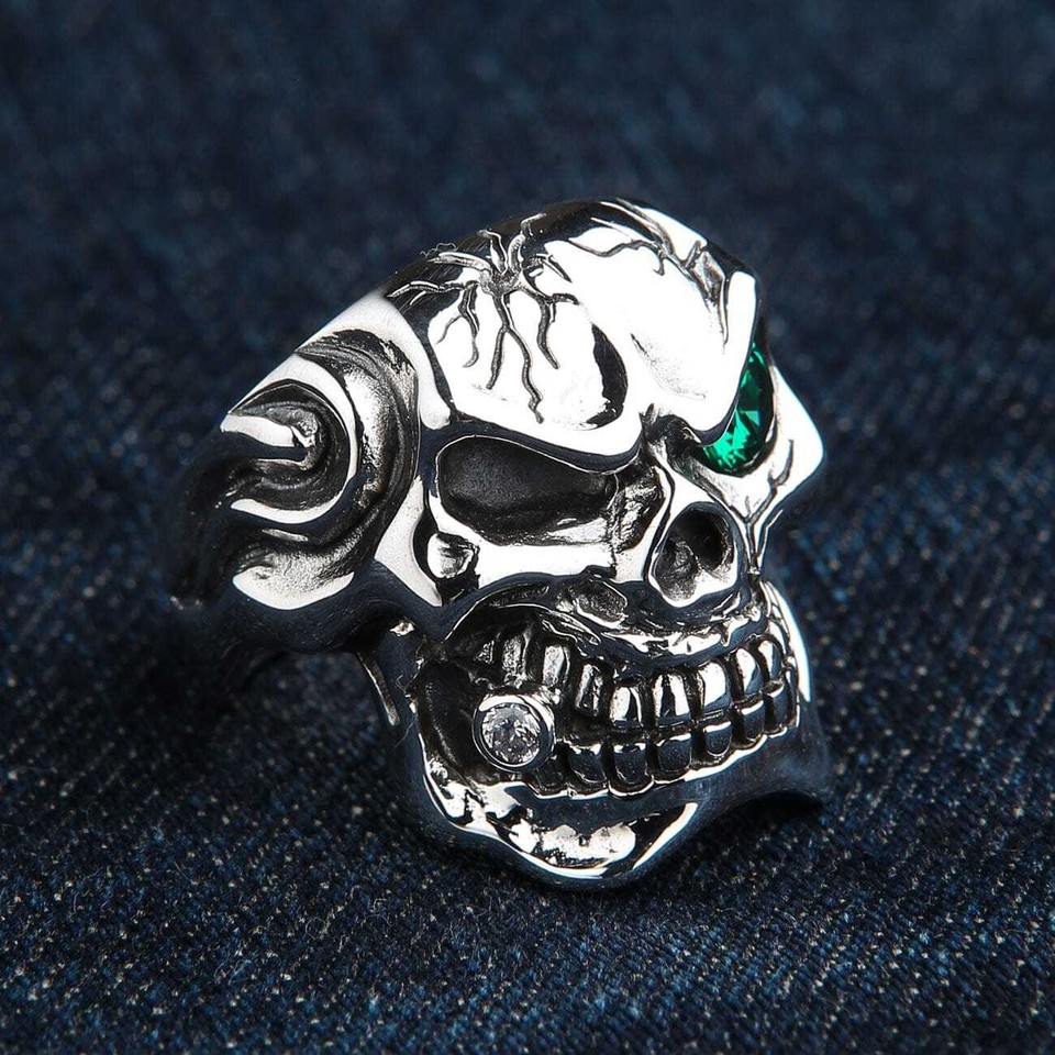 Emerald Eyes 925 Sterling Silver Men's Skull Ring Biker Gothic Punk New ...