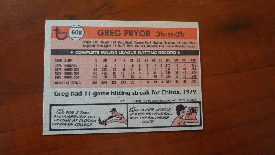 1981 TOPPS # 608 GREG PRYOR BASEBALL CARD | eBay