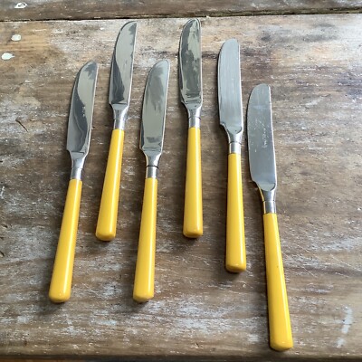 Set Of 6 Knives Cutlery Japan Yellow Handles Stainless Flatware Mid ...