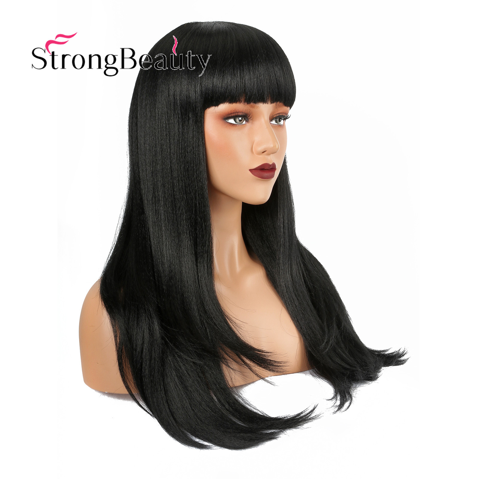 Yaki Straight Long Wig With Flat Bang Natural Synthetic Wigs Black ...