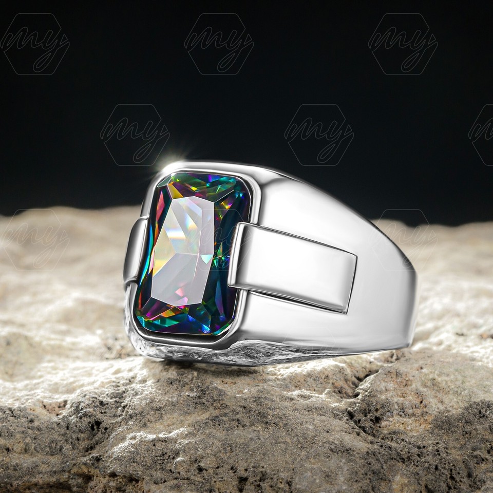 925 Sterling Silver Rectangle Shape Mystic Topaz Stone Turkish Men Ring ...