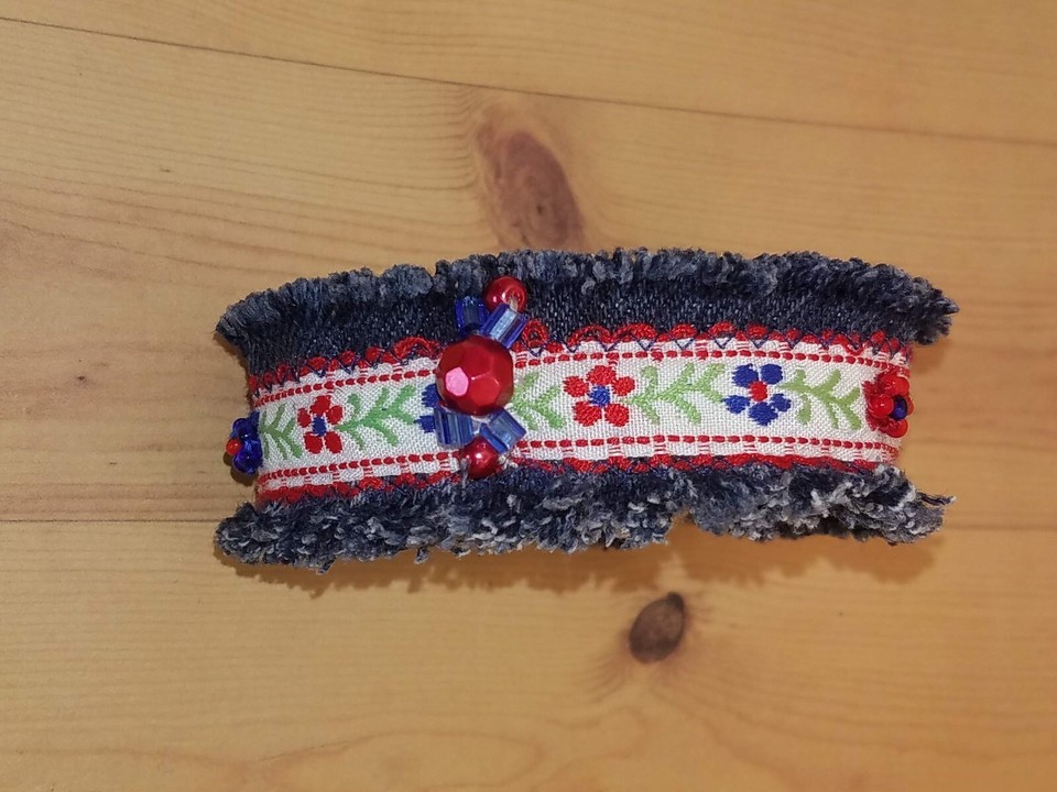 Boho Style Frayed Denim Beaded Cuff Bracelet, Vintage Embroidered ...