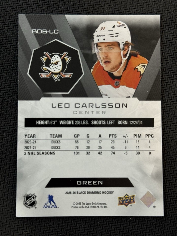 Leo Carlsson 2025-26 Upper Deck Black Diamond Hockey Green 1/10 SSP ...