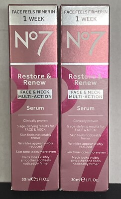 (2) No7 Restore & Renew Face and Neck Multi-Action Serum 30ml/Fl Oz JB ...