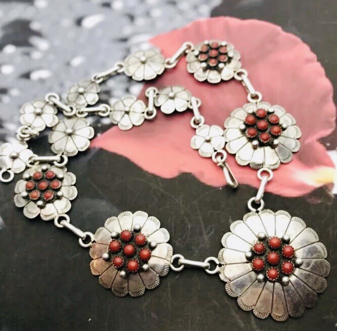 Native American Hall Benson Boyd Navajo Sterling Silver Coral Necklace ...