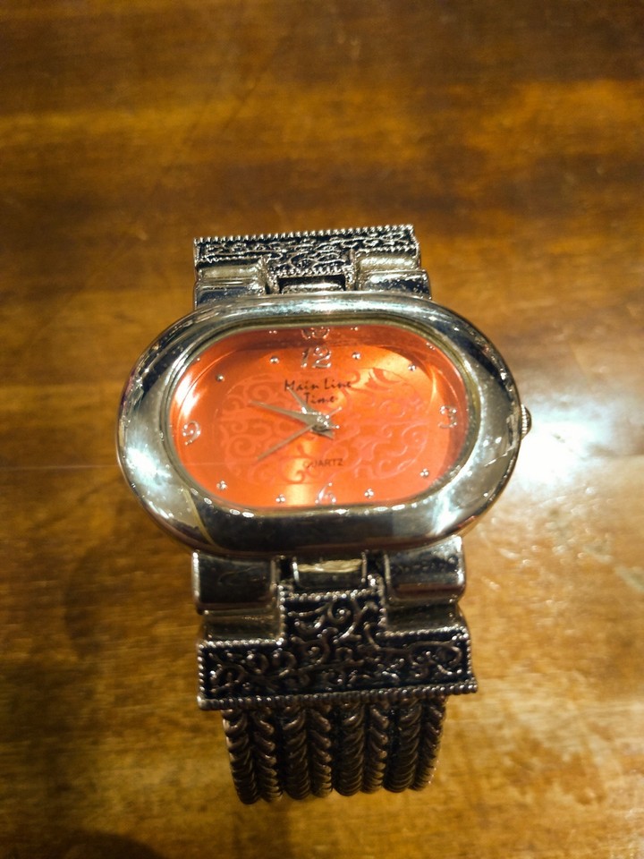 Main Line Time Watch Women 35mm Silver Tone Orange Dial Open Cuff New ...