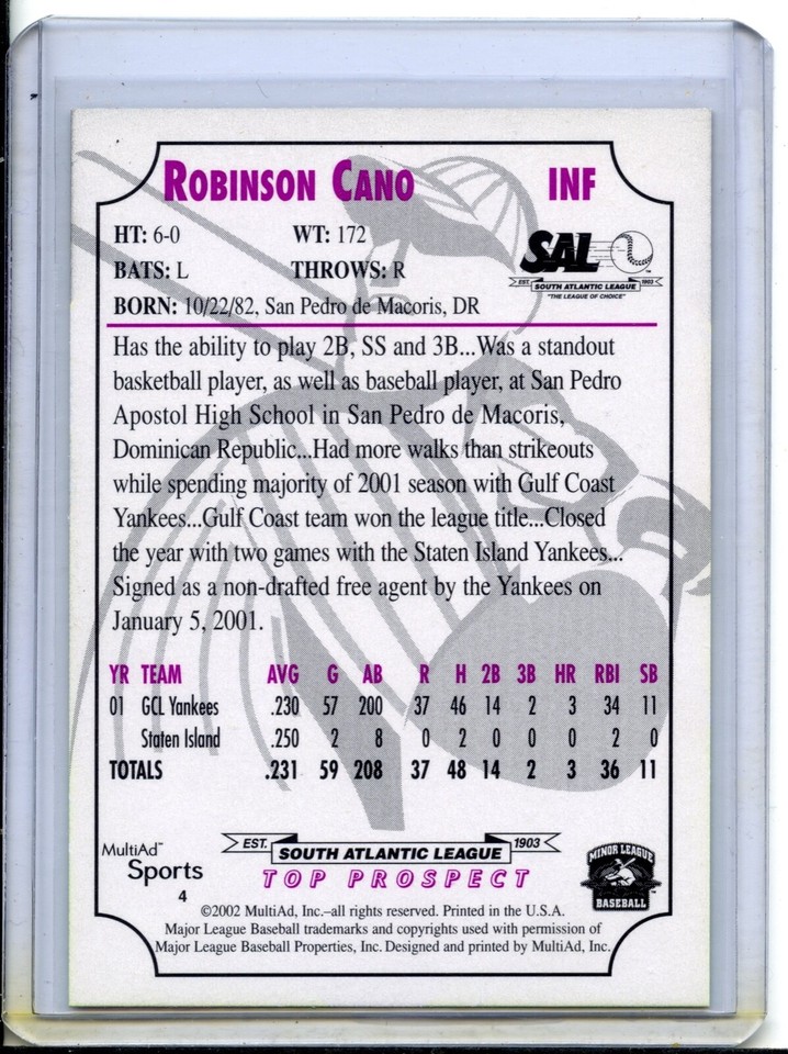 2002 Robinson Cano Rookie SAL NYY | eBay