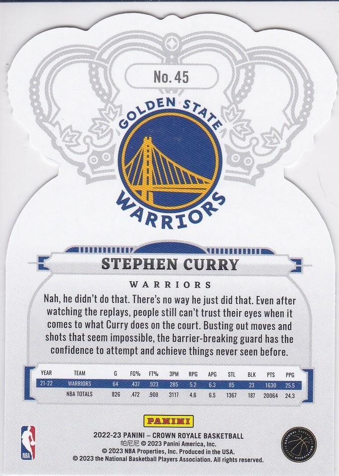 STEPHEN CURRY Steph CROWN ROYALE DIE-CUT Golden State Warriors ...