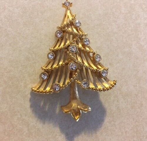 Christmas Holiday Brooch Pin Gold Tone Christmas Tree Clear Rhinestones ...