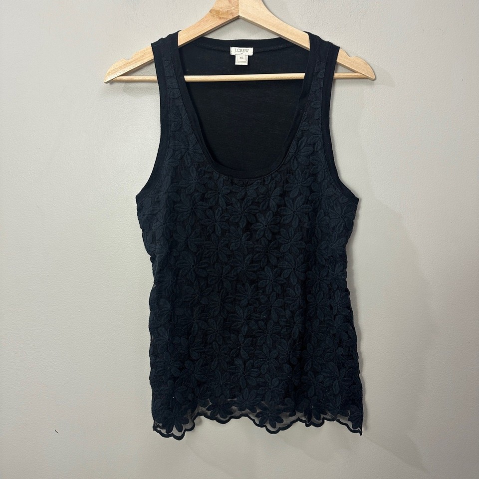 J Crew Black Knit Floral Daisy Lace Front Tank Top Shirt XS Extra Small ...