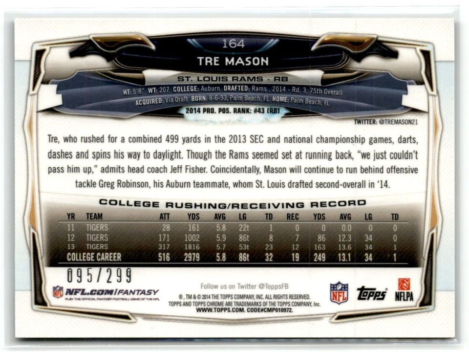 Tre Mason SN St. Louis Rams 2014 Topps Chrome Black Refractors #164 | eBay