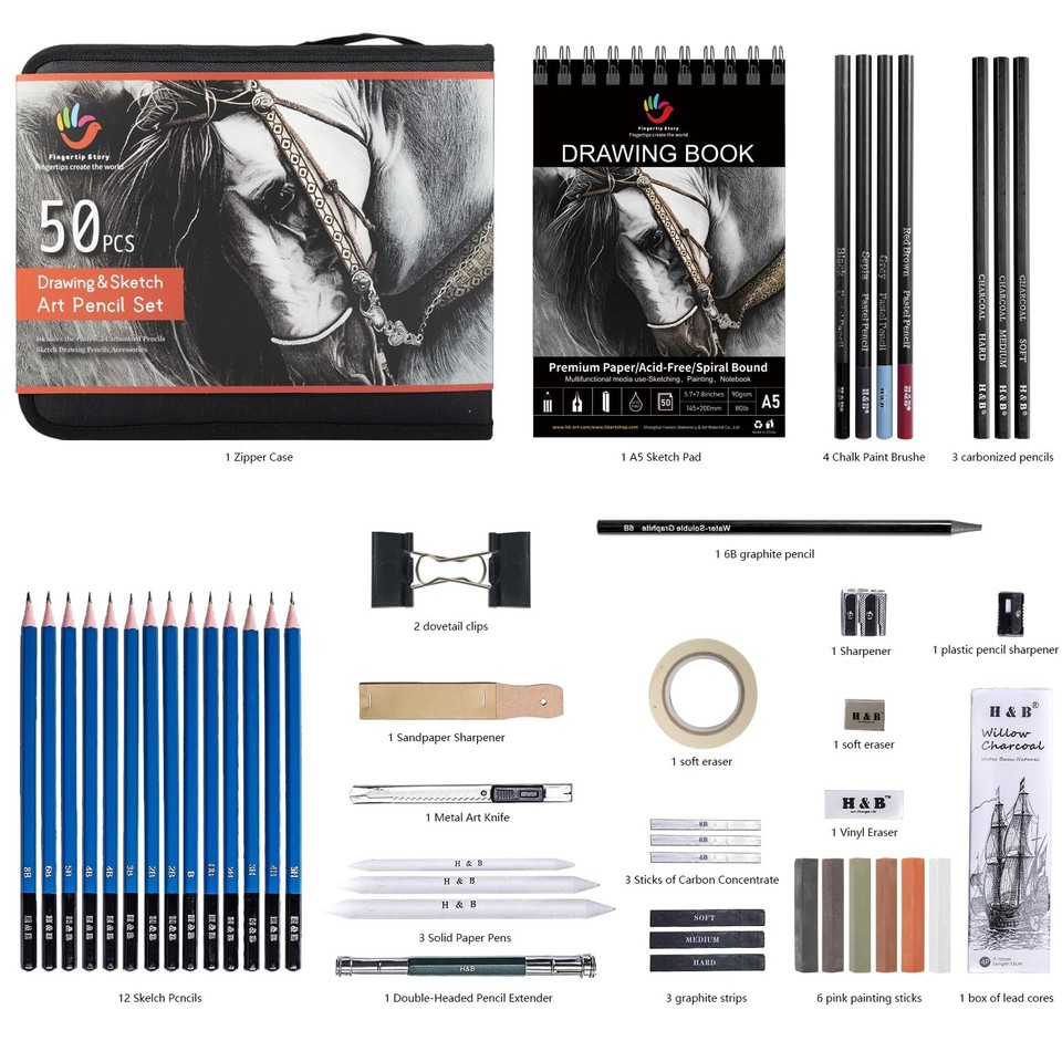 50 Pack Drawing Set Sketching Kit, Pro Art Supplies with 3-Color ...