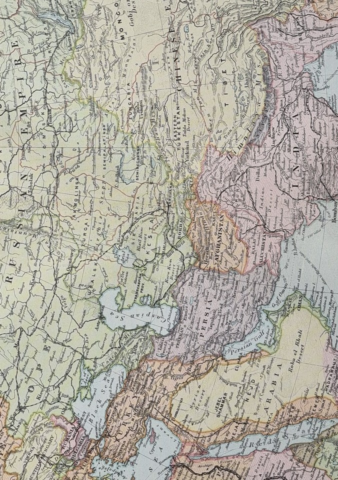 1913 Carte Asie & Europe Arabie Inde Perse Chine Japon Siam Corée ...