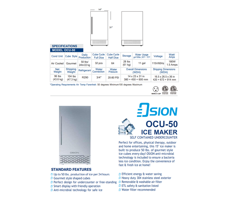 Osion OCU-50 Compact Undercounter Ice Maker With Gourmet Cube ...