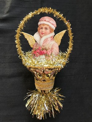 Antique Look Scrap Christmas Ornament, ANGEL in Pink, Bell, Dresden ...
