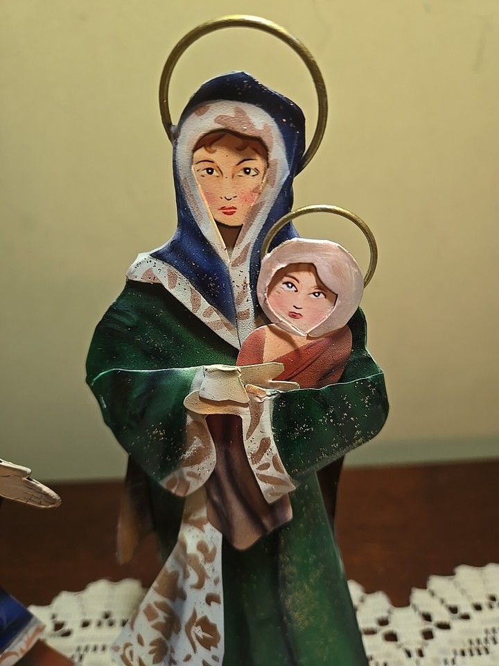 Modern Metal Holy Family Nativity 10" Mary Joseph Jesus 3 Angels ...